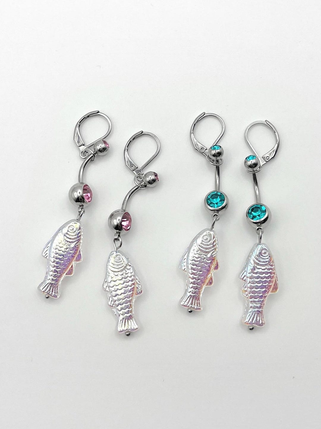 Y2K Mcbling Earrings Hot Pink Teal Piercings & Candy Fish Charms Cute ...
