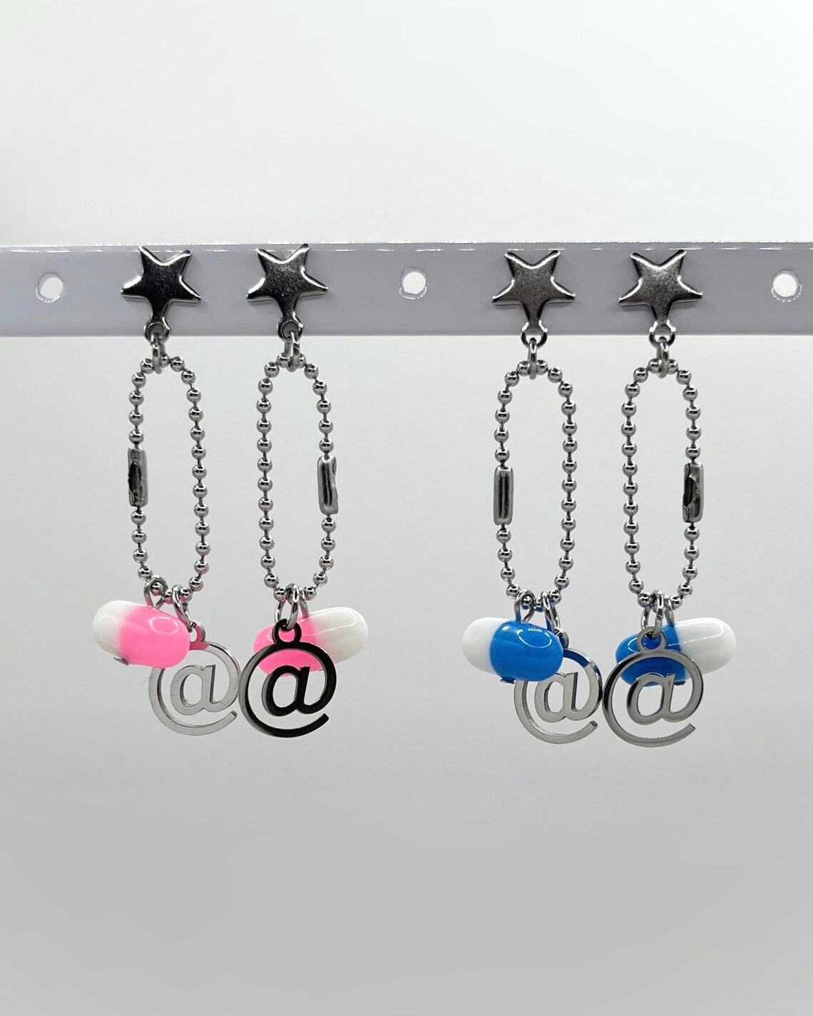 Cybercore Y2k Star Earrings With Neon Pink Pill Charms, Cute Mcbling ...