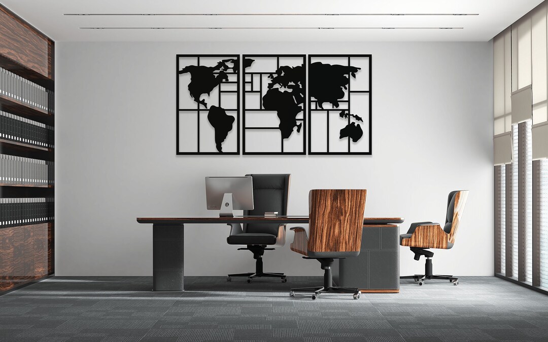 Set of 3 World Map Wall Art, World Wall Map, Office Metal Sign, Office ...