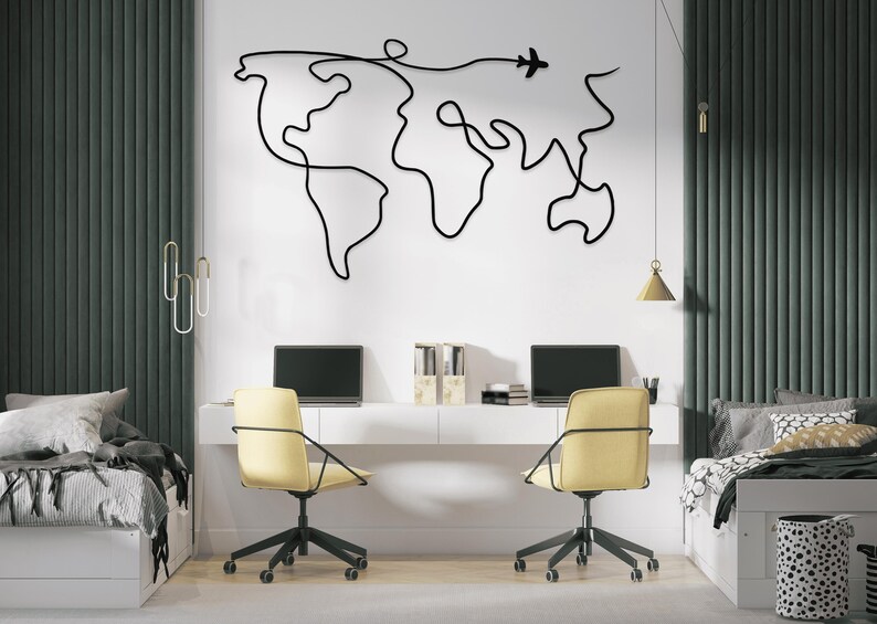 Metal World Map Line Art: Travel Wall Decor - Etsy