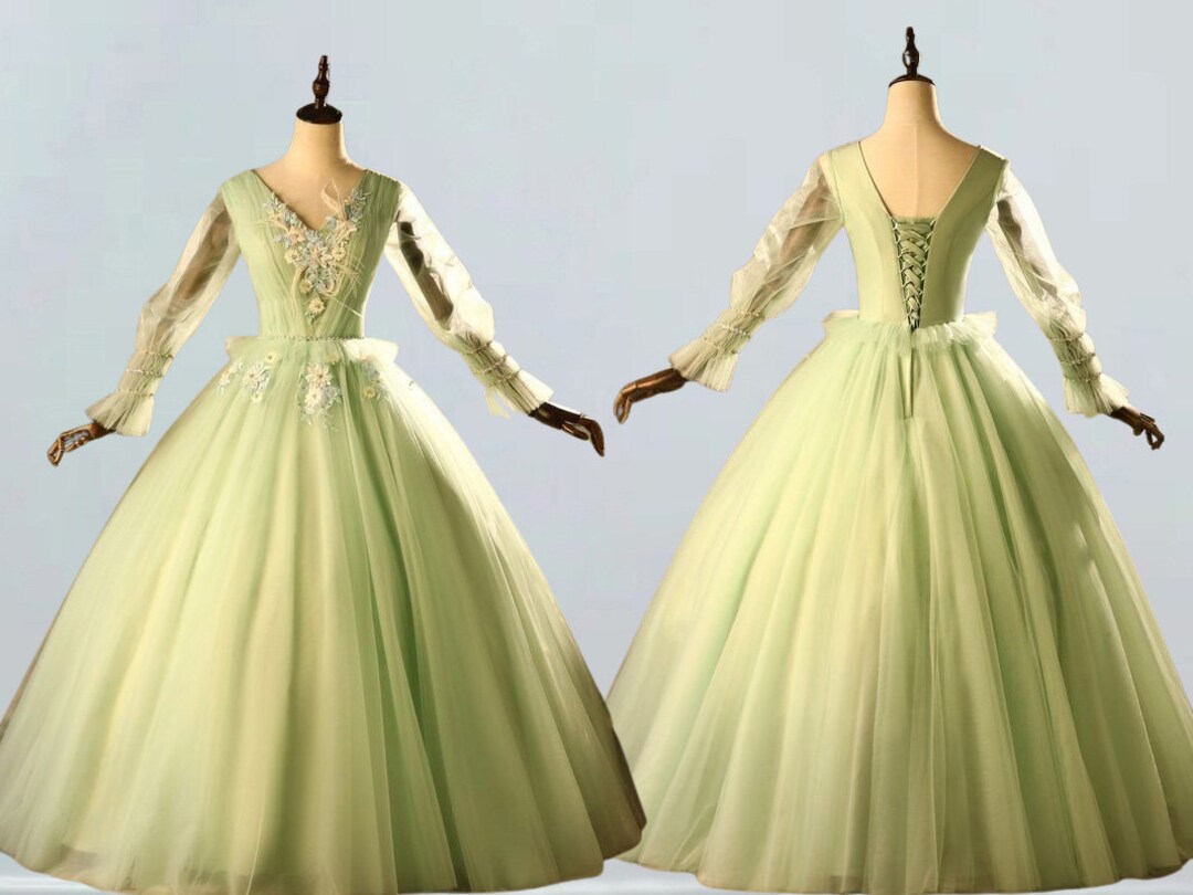 Light Green V Neck Tulle Floor Length Ball Gown,plume Lace Applique ...