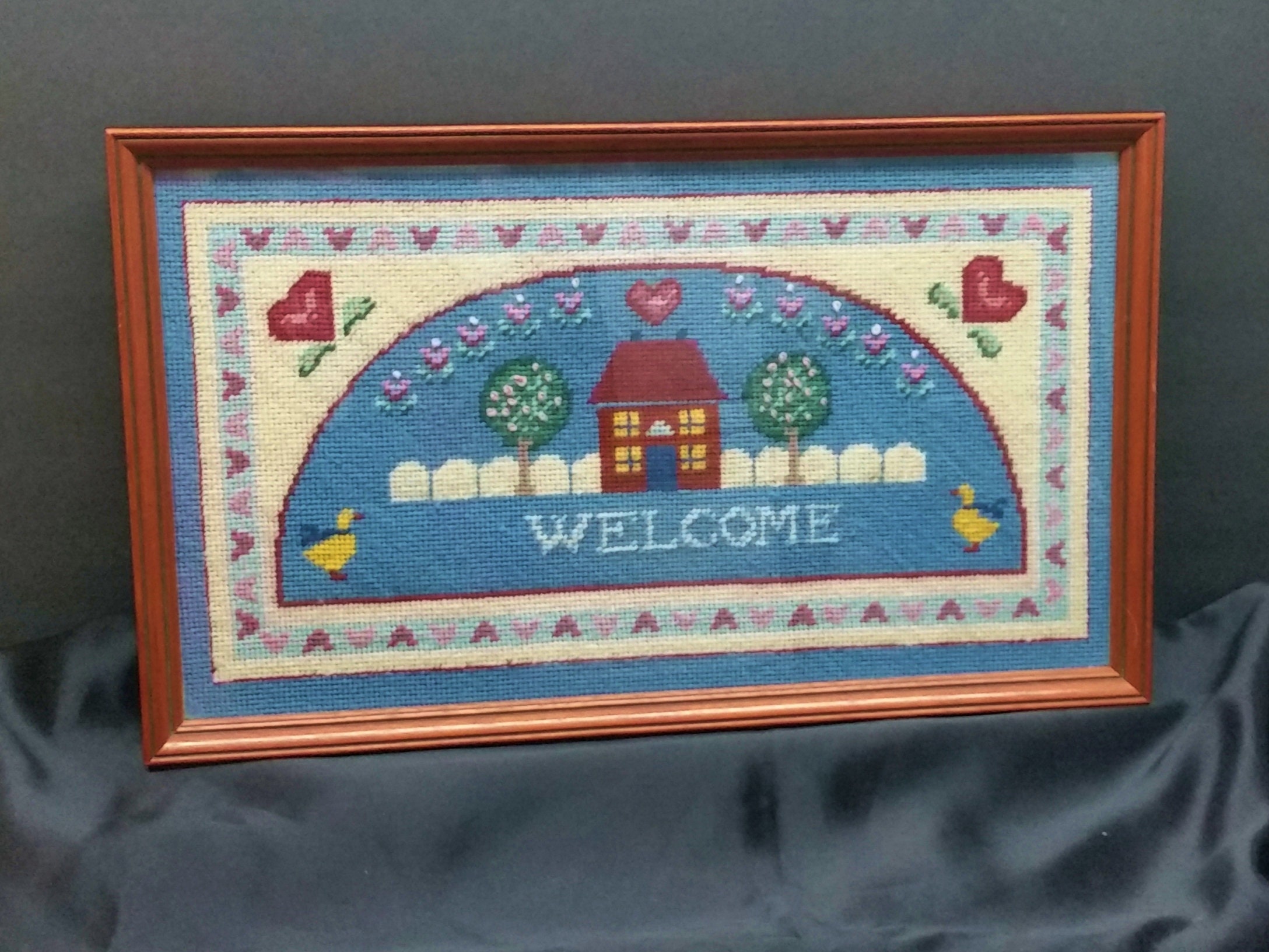 Stunning Folk Art Needlepoint 'welcome' Framed, Farmhouse Decor ...