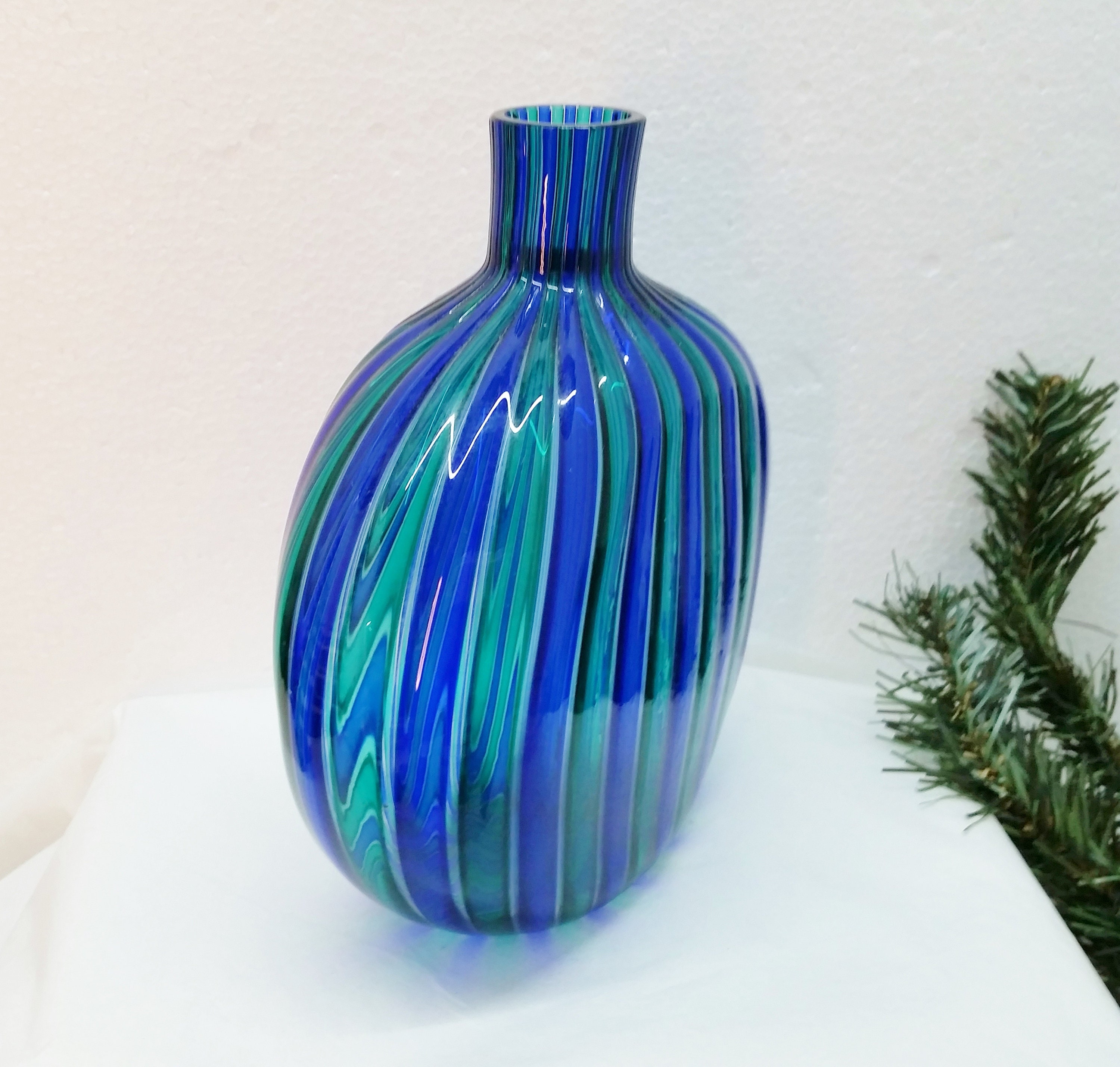 Vintage Italian Murano Cane Glass Vase Blue Green Clear Cane Hot Glass ...