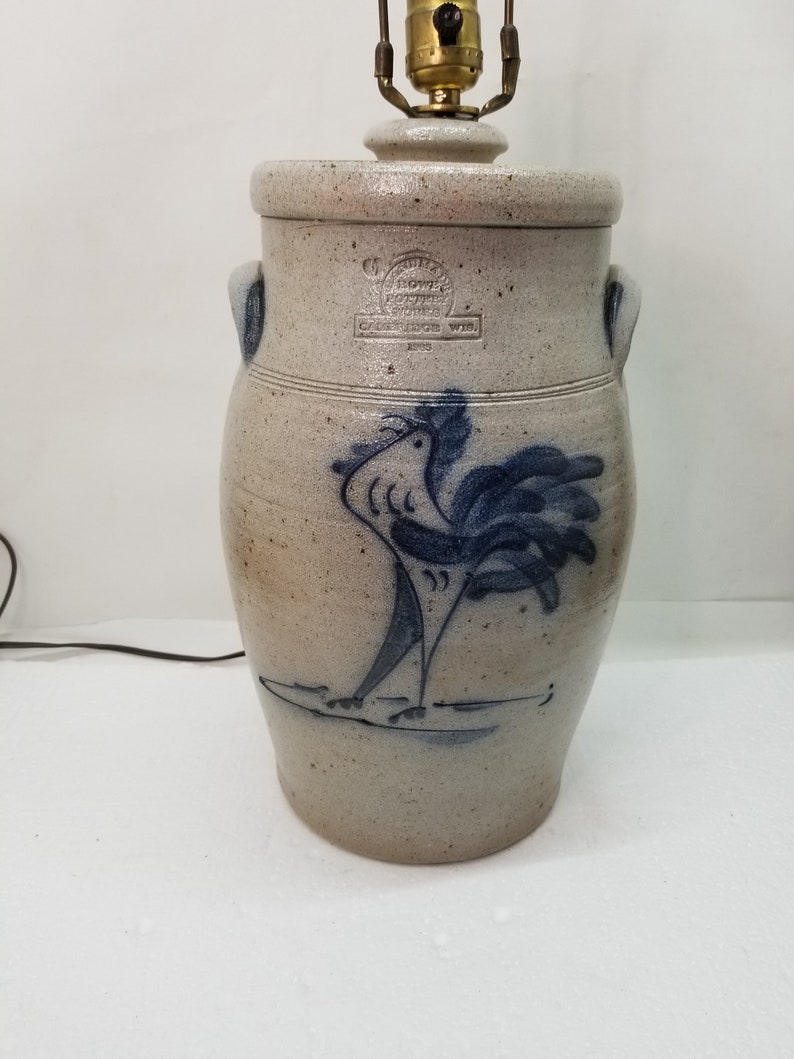 Crock Lamp Rowe Pottery Butterchurn Salt Glazed Magnificent Rooster ...