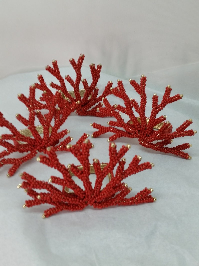 Red Coral Beaded Napkin Rings, Elegant Red Coral Hand Beaded, Original ...