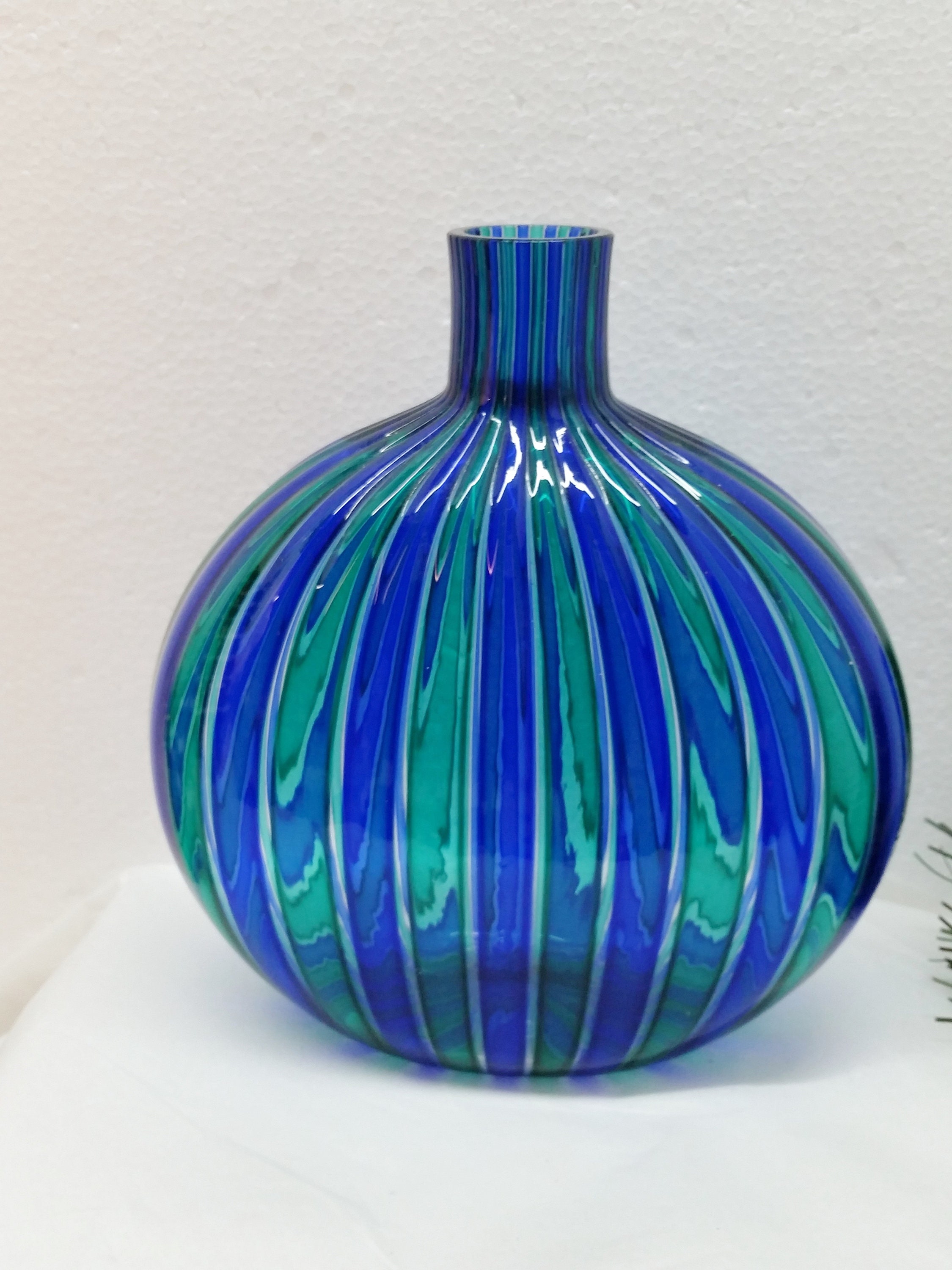 Vintage Italian Murano Cane Glass Vase Blue Green Clear Cane Hot Glass ...