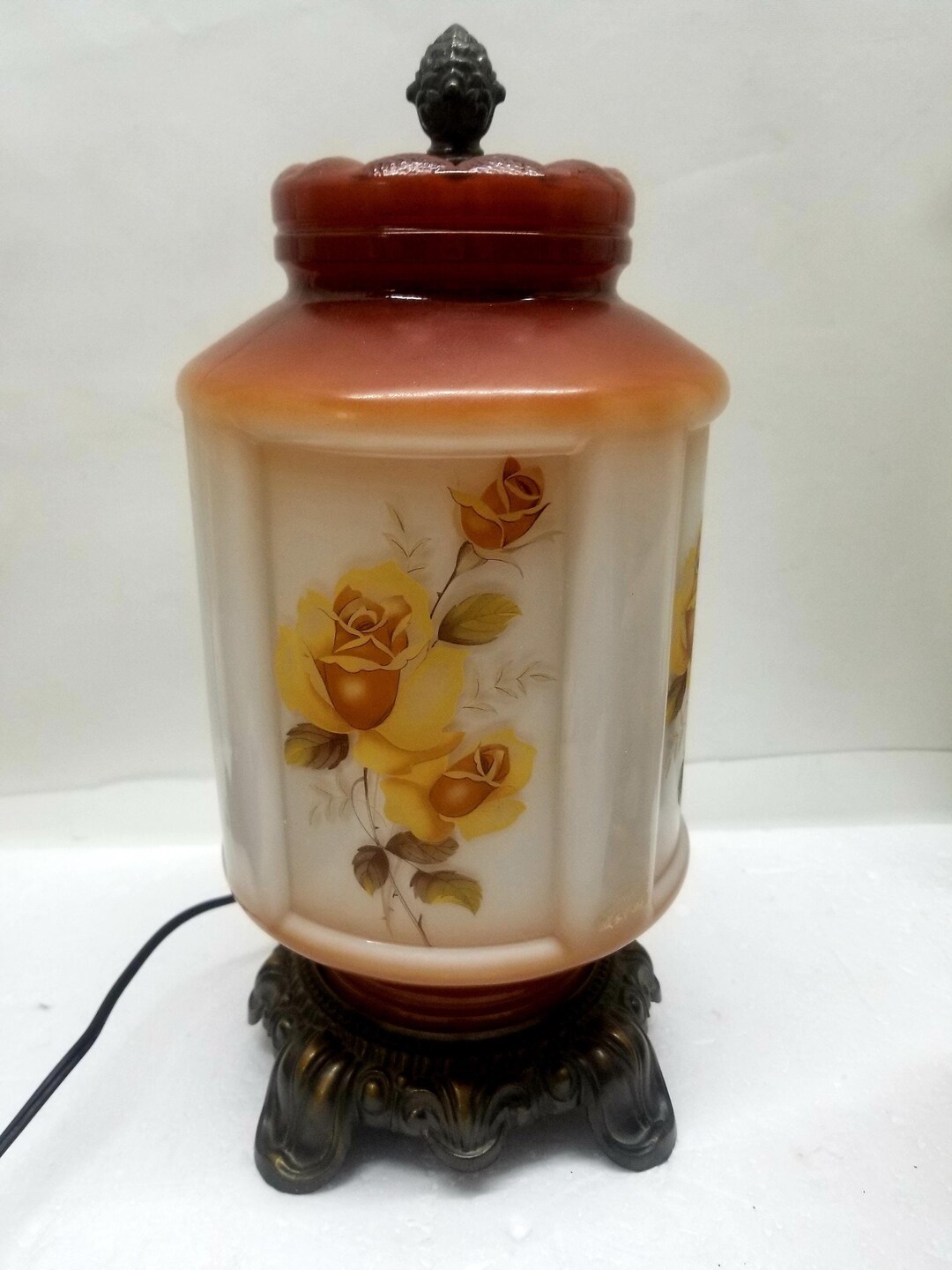 Antique Rose Table Lamp Art Deco Glass Shade Lamp Hand Painted Roses ...