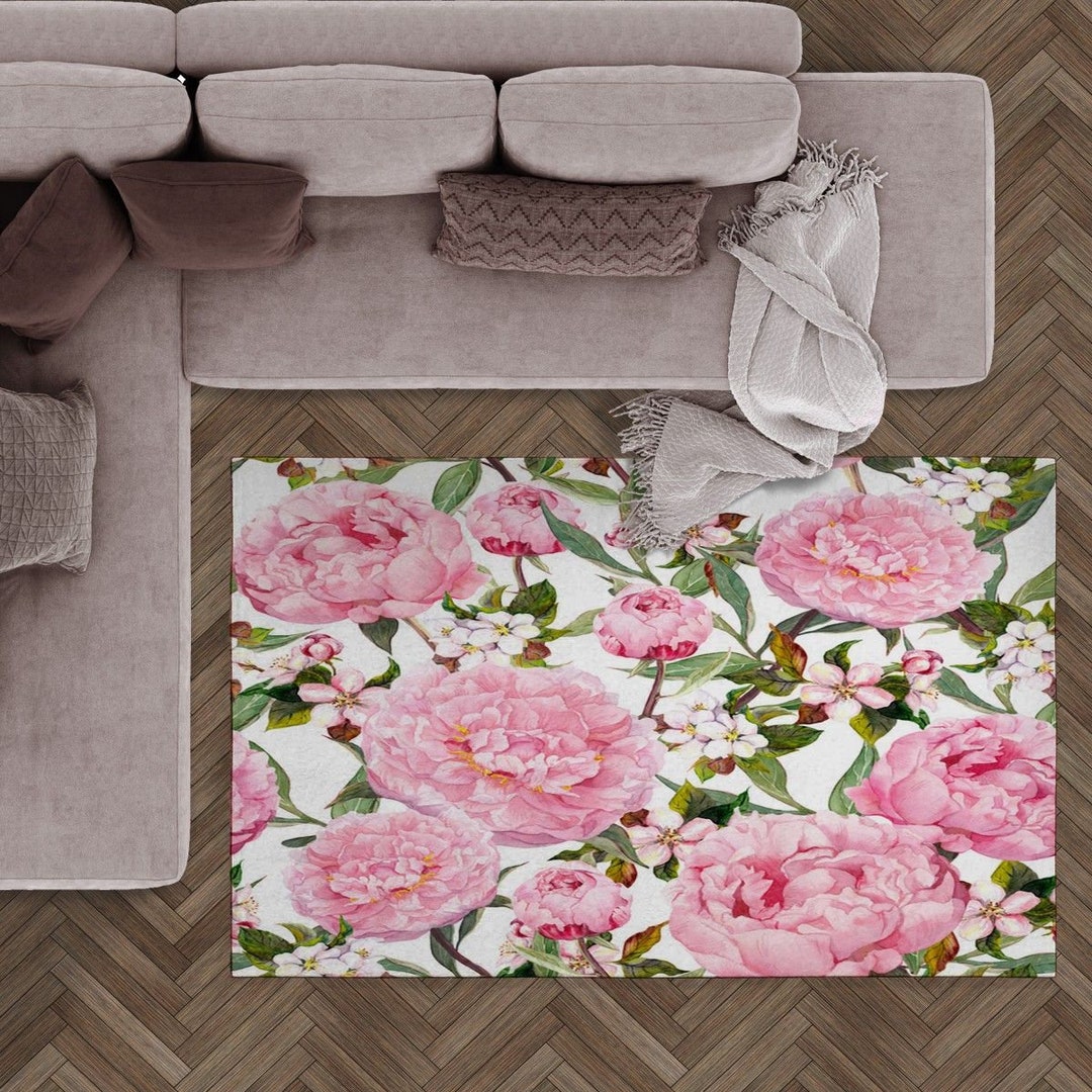Peony Area Rugs Aesthetic Floral Carpets Blush Pink and Green Floor ...