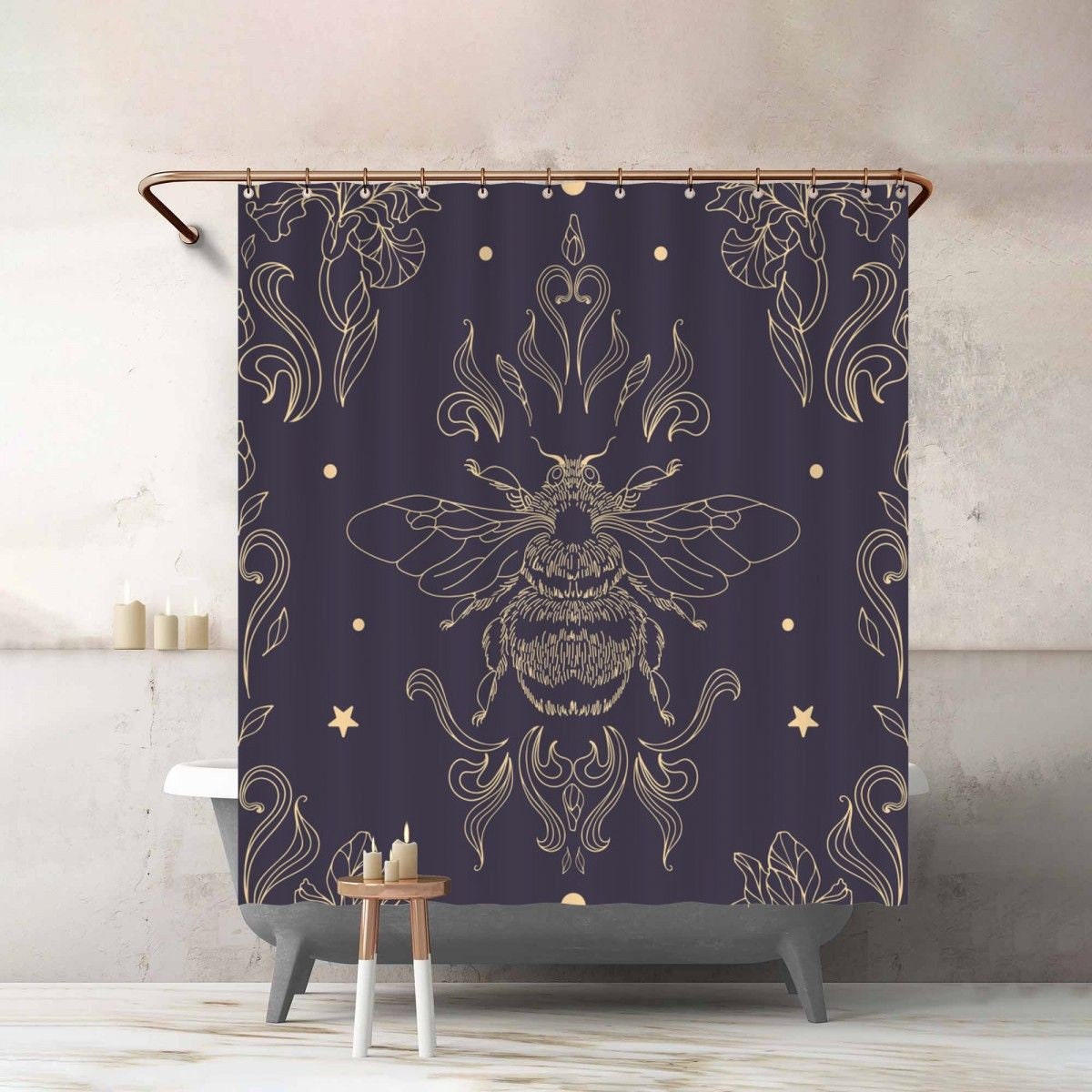 Stylized Bumbles Shower Curtains Bee Bath Decor Dark Gray Yellow Custom ...