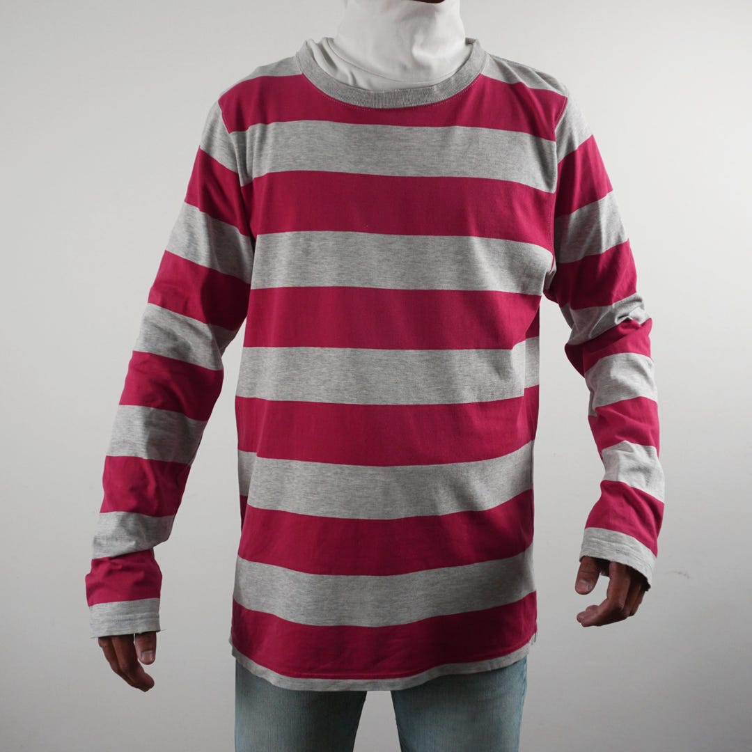 Vintage Beams Happy Life Striped Long Sleeve Tee, Red & Gray (size M ...