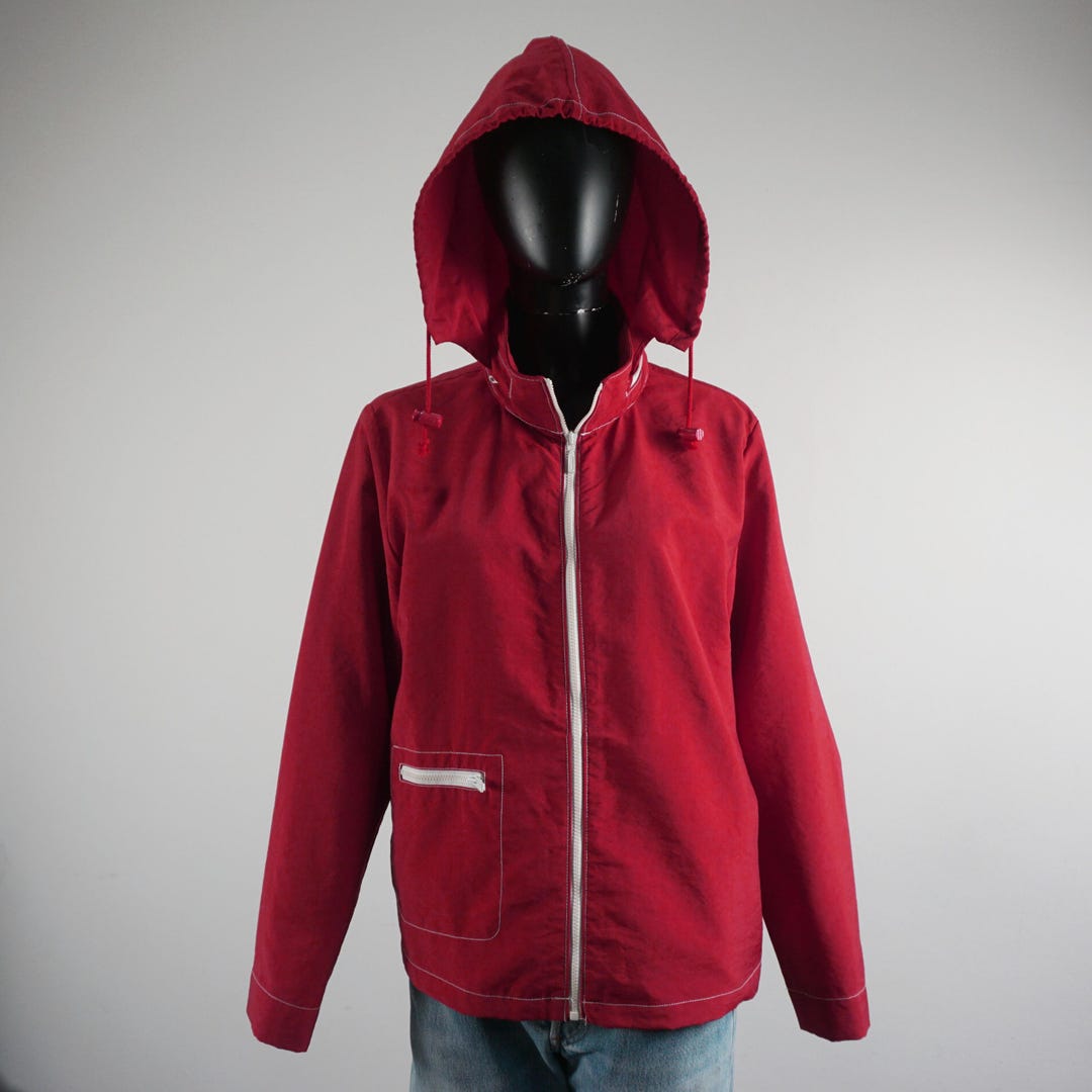 Vintage 90s Red Nylon Windbreaker Jacket Foldable Hoodie Zipper Front ...