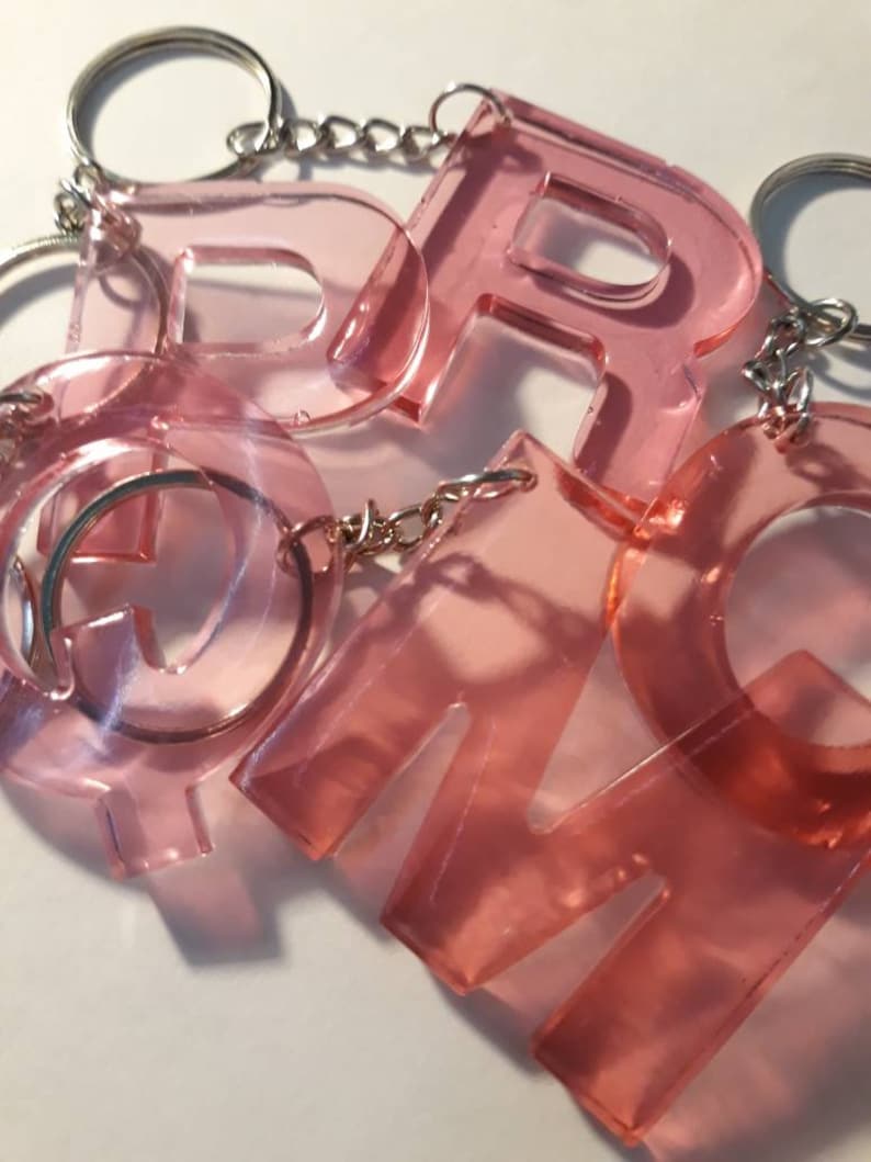 Pink, Clear, Initial Keychain, Alphabet, Abcs, Resin Letter Keychain ...