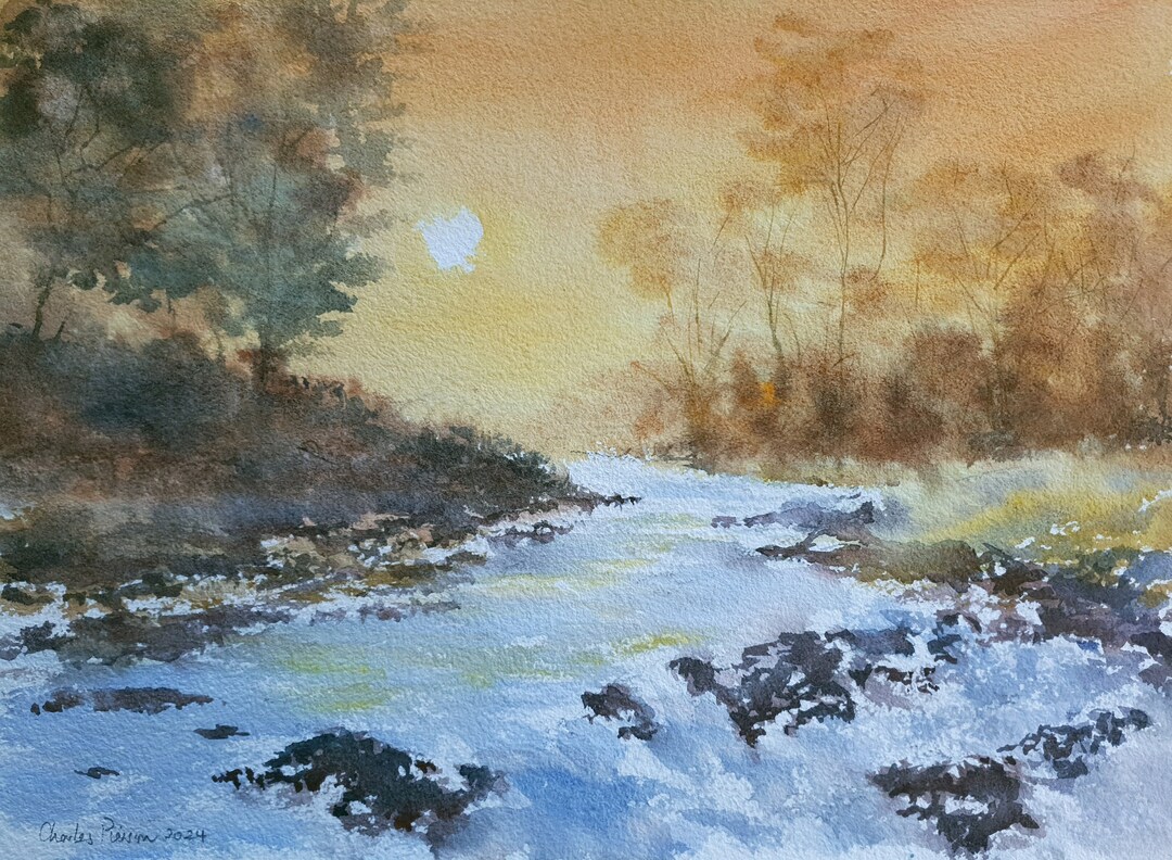 Original Watercolour 15x11 Inches. Woodland Sunset With River Cascade ...