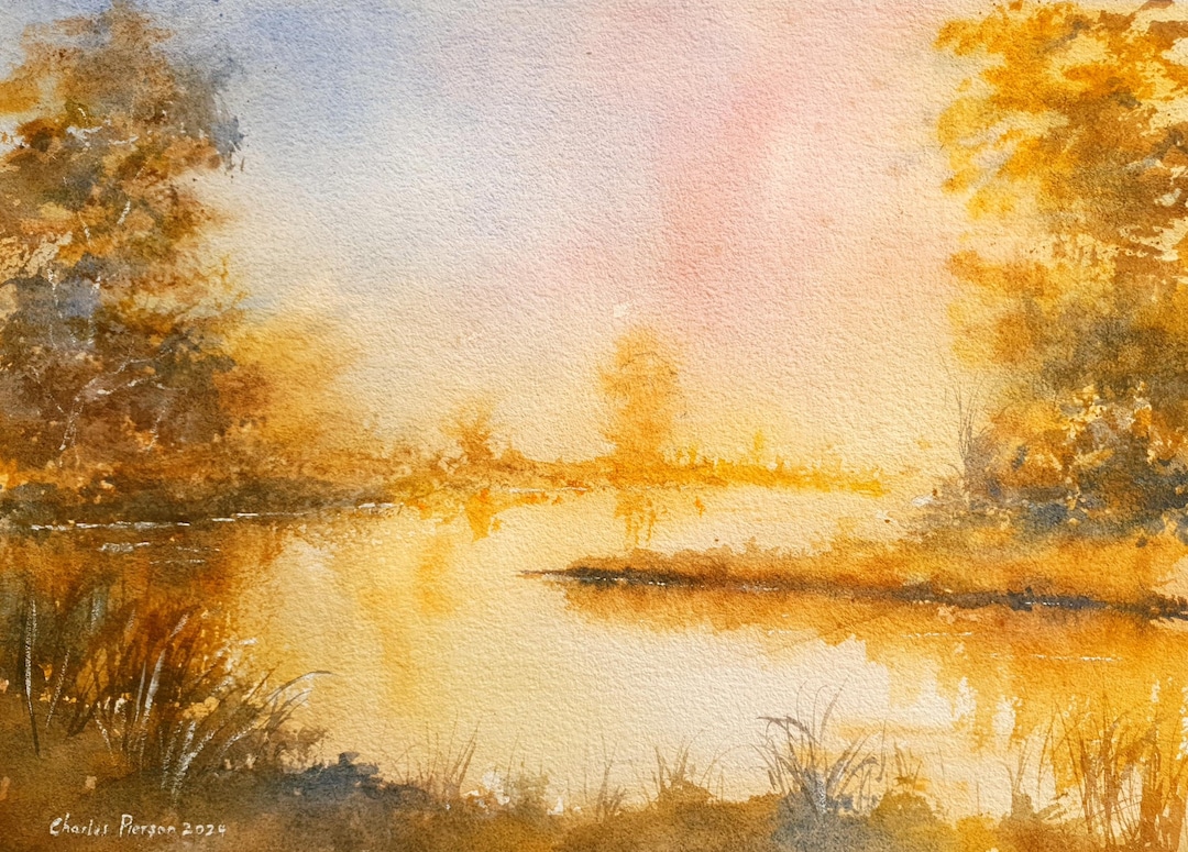Original Watercolour Landscape. Golden Dawn . Serene Wall Art .15x11 ...