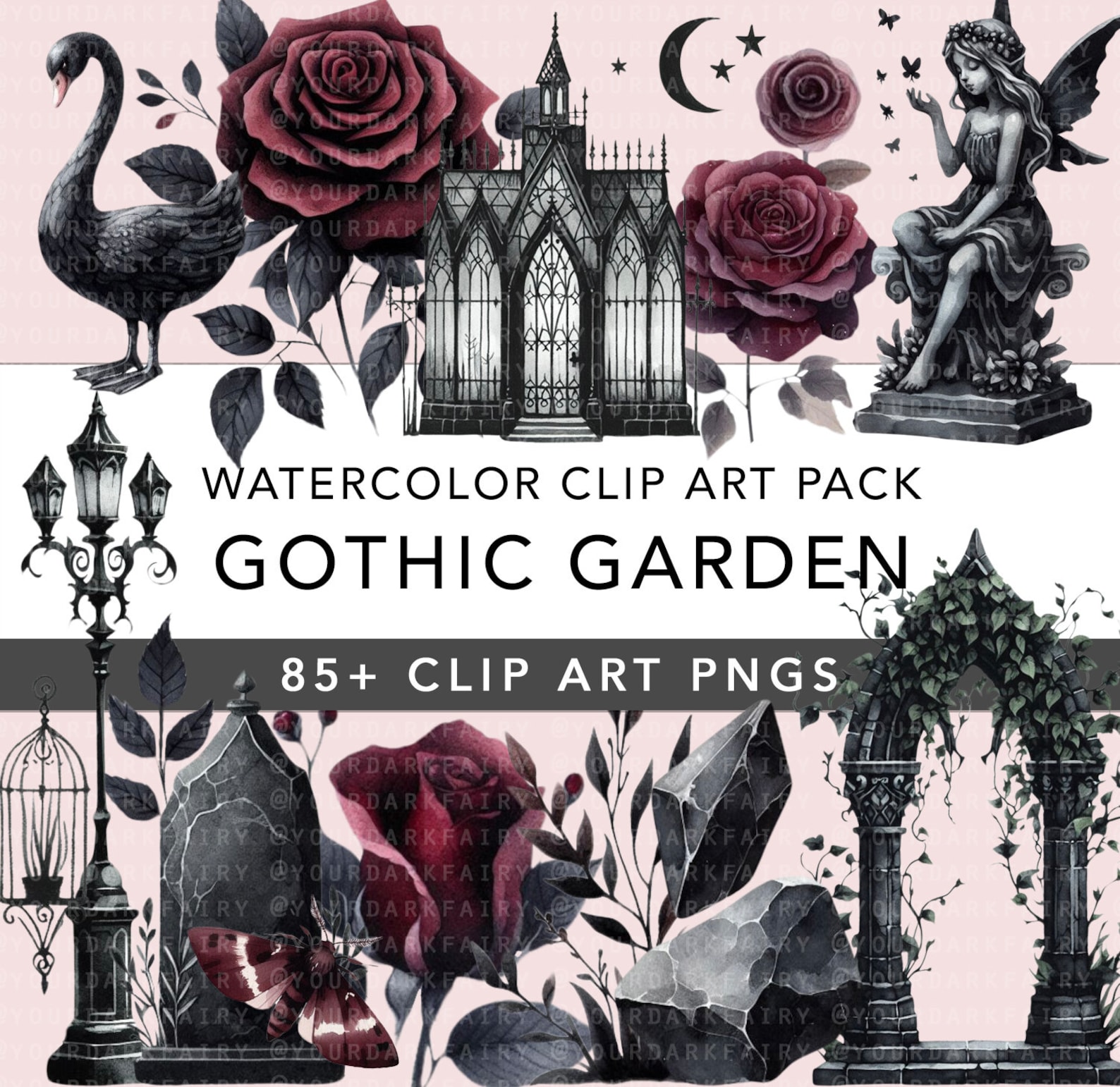 Gothic Garden Watercolor Clipart Pngs - 85+ Gardencore Image Pack, Arch ...