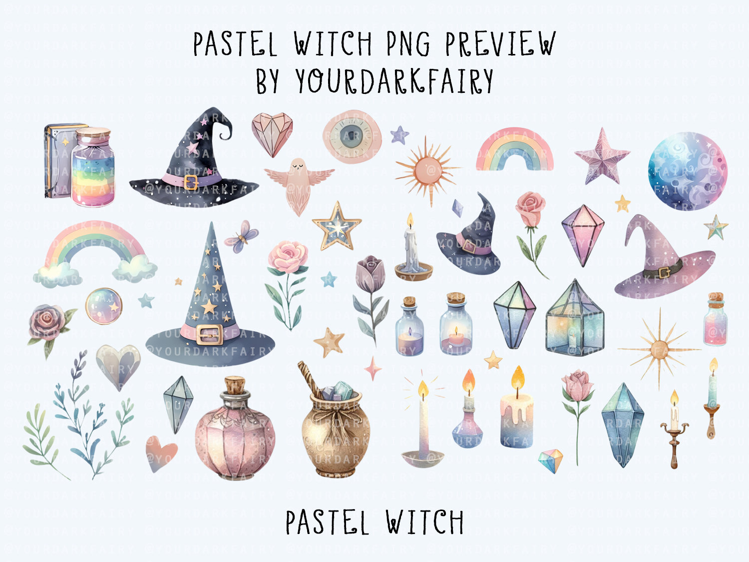 Pastel Witch Watercolor Clip Art Pngs - 120+ Cute Transparent Images ...
