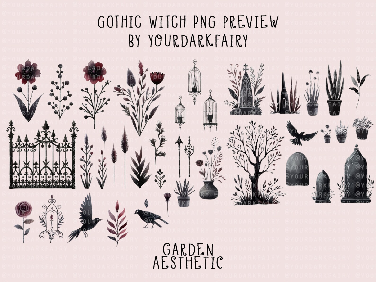 Gothic Garden Watercolor Clipart Pngs 85 Gardencore Image Pack, Arch ...