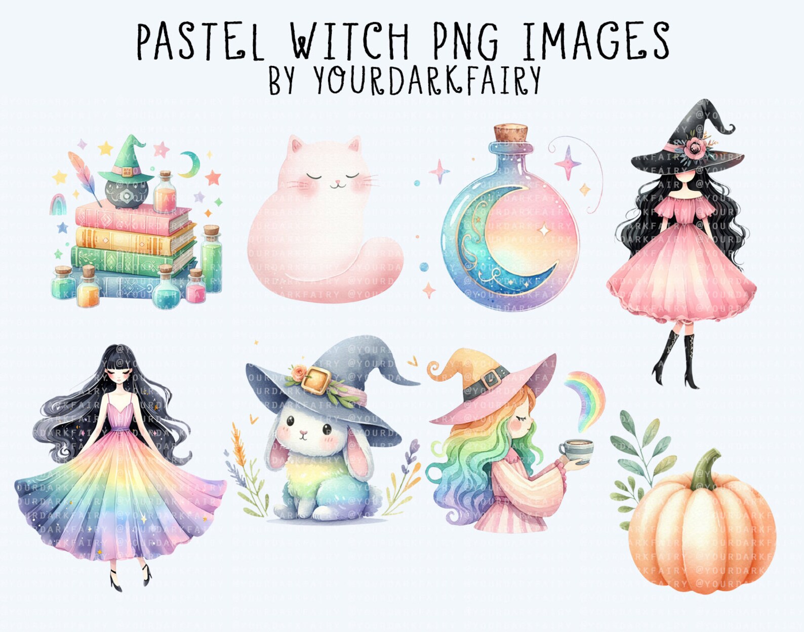 Pastel Witch Watercolor Clip Art Pngs - 120+ Cute Transparent Images ...