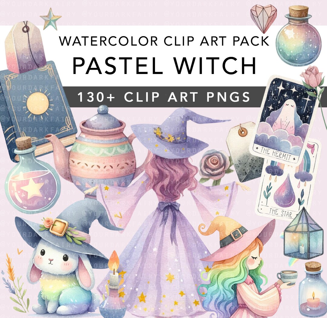 Pastel Witch Watercolor Clip Art Pngs - 120+ Cute Transparent Images ...