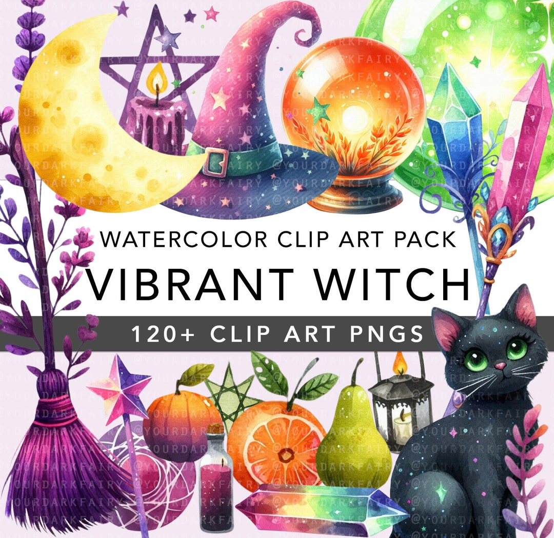 Vibrant Witch Watercolor Clip Art Pngs - 120+ Halloween Stock Images ...