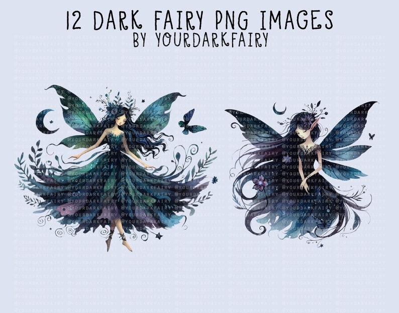 Dark Fairy Watercolor Clipart PNG Bundle - 12 Decorative Gothic ...