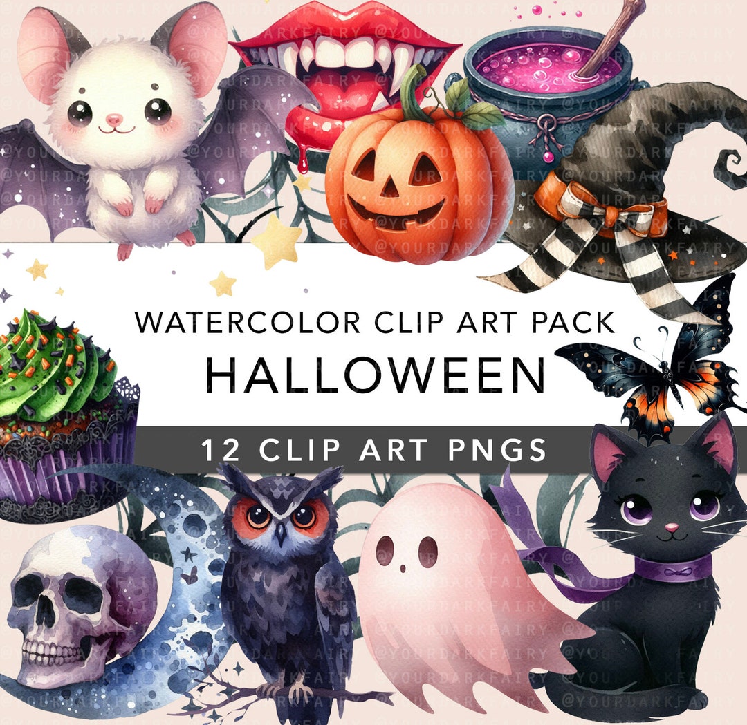 Watercolor Halloween Clip Art Pngs - 12 Stock Images, Black Cat, Ghost ...