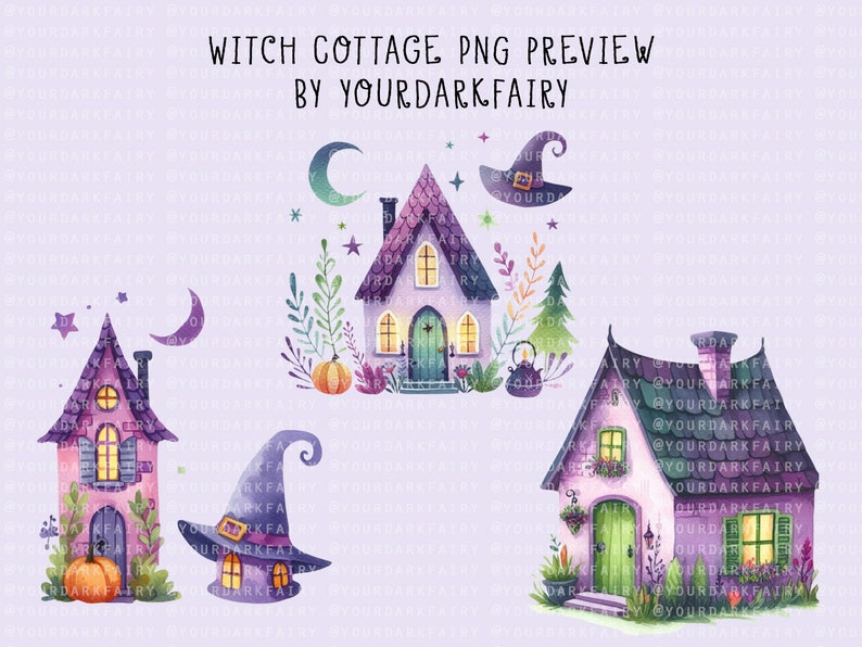 Witch Cottage Watercolor Clipart Pngs - 100+ Mini Cottagecore Image Pack, Stone Cottage ...