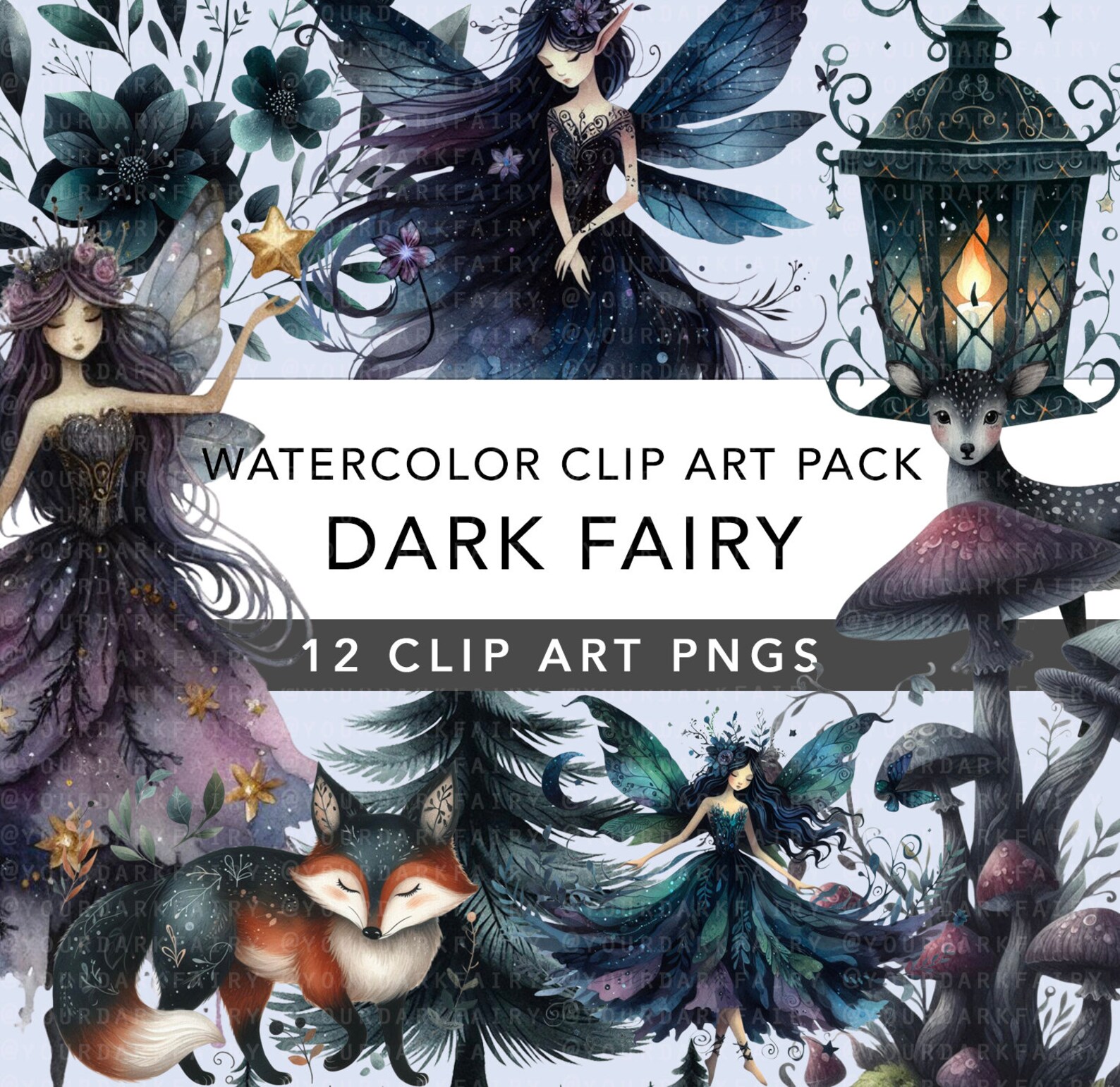 Dark Fairy Watercolor Clipart PNG Bundle - 12 Decorative Gothic ...