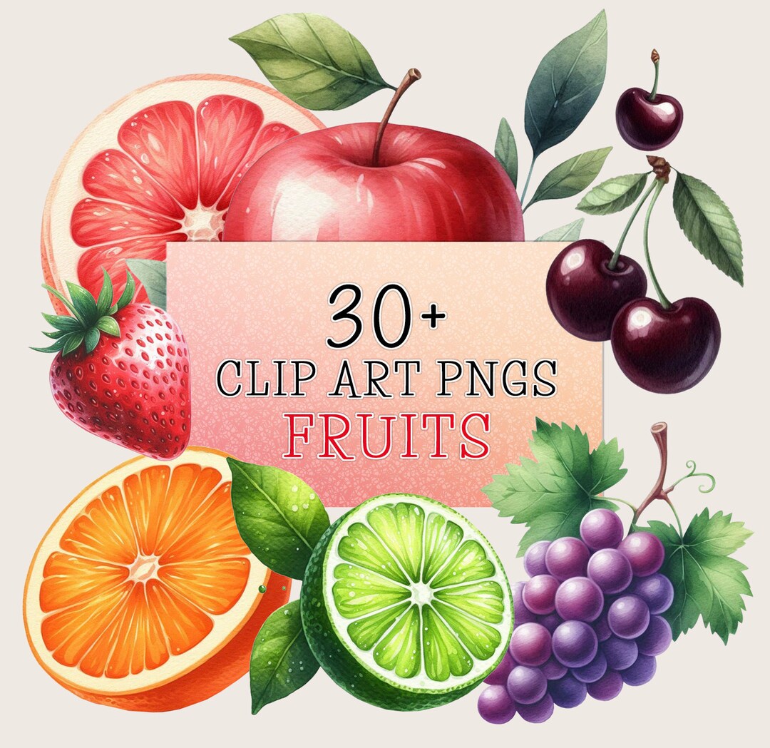 Watercolor Fruit Clip Art PNG Pack - 30+ Healthy Food Stock Images ...
