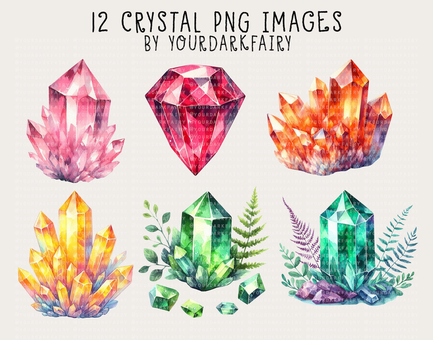 Watercolor Crystals Clipart PNG Bundle - 12 Decorative Colorful ...