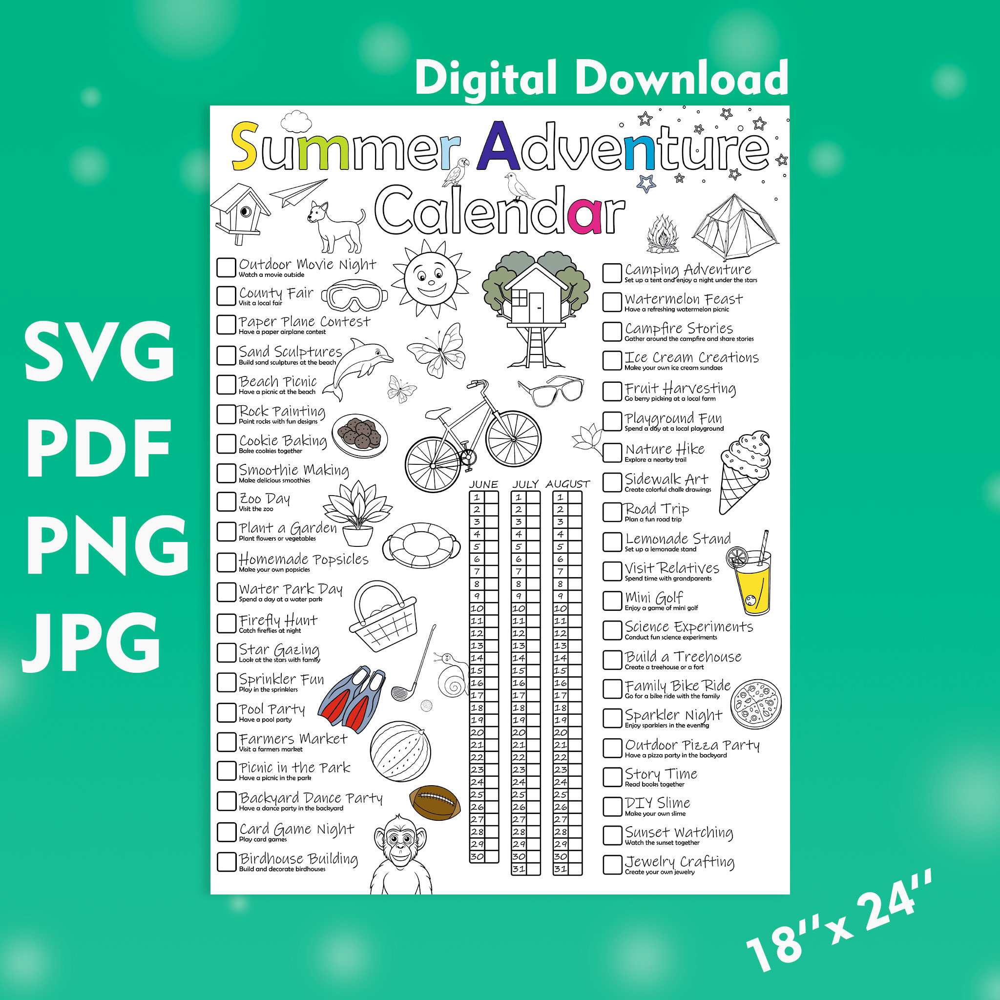 Printable Summer Adventure Calendar Poster Family Fun Checklist and ...