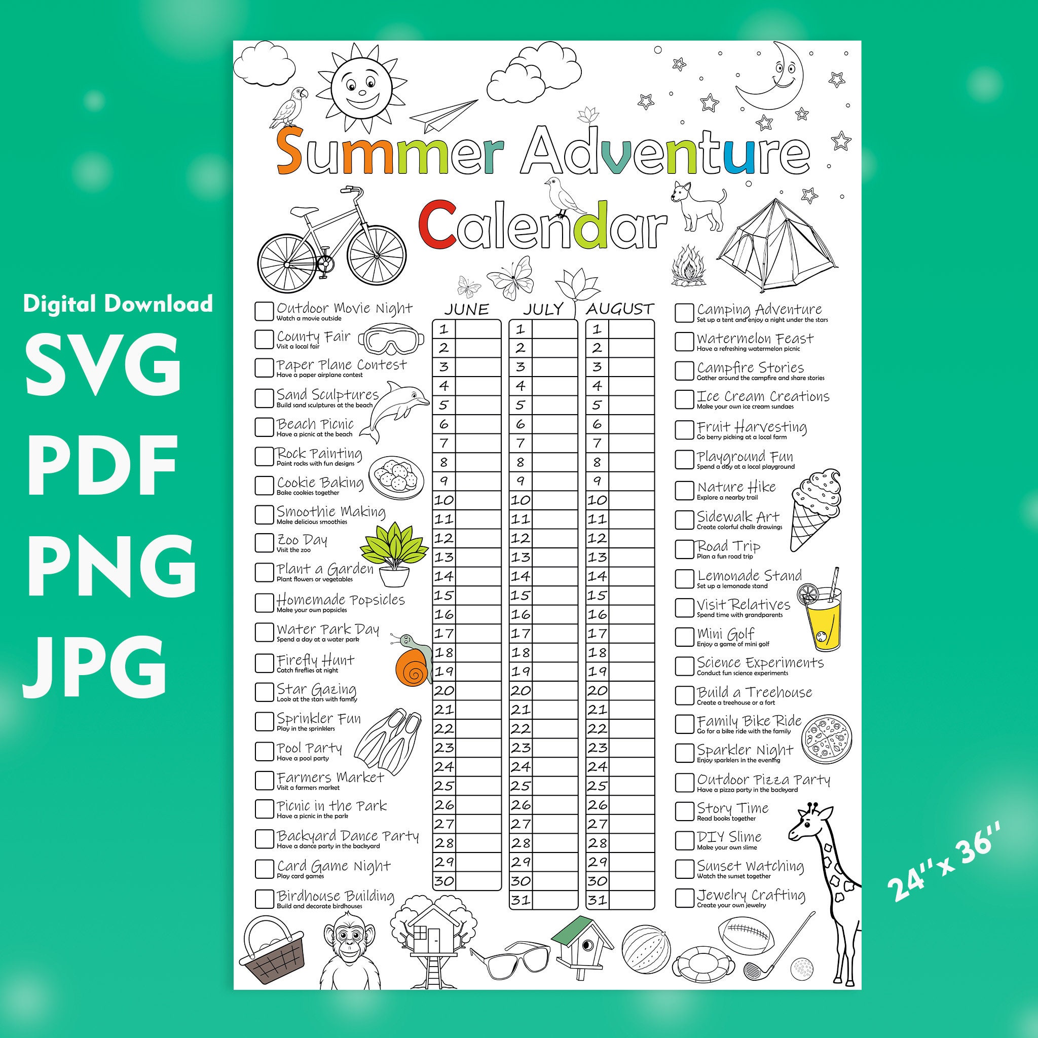 Printable Summer Adventure Calendar Poster Family Fun Checklist and ...