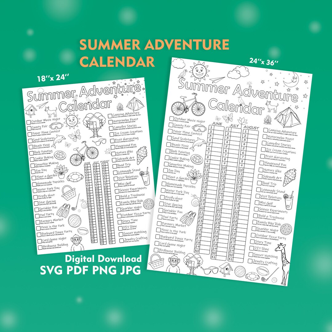 Printable Summer Adventure Calendar Poster Family Fun Checklist and ...