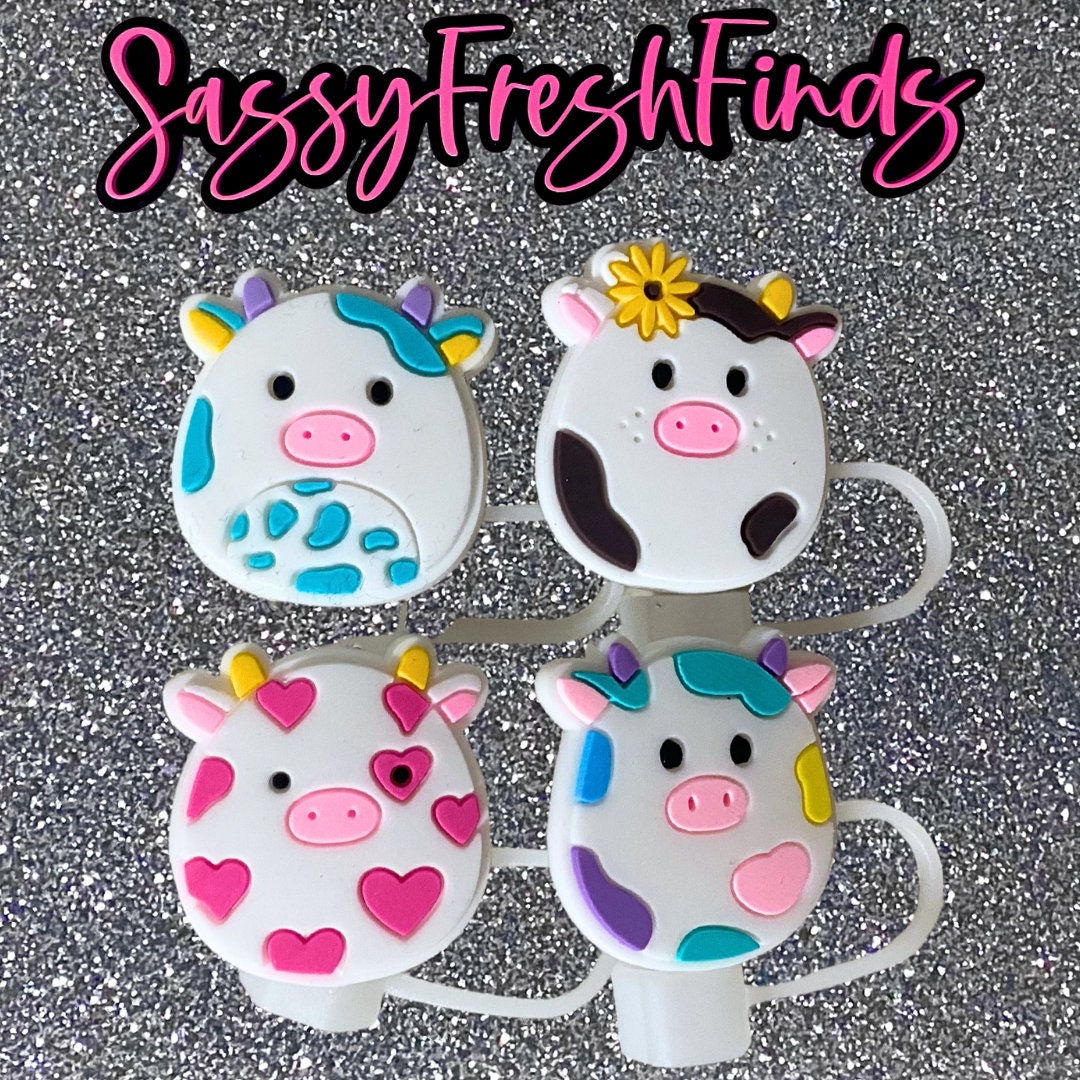 Squishy Cows Silicone Straw Toppers, Straw Cover, Flowers, Cow Print ...