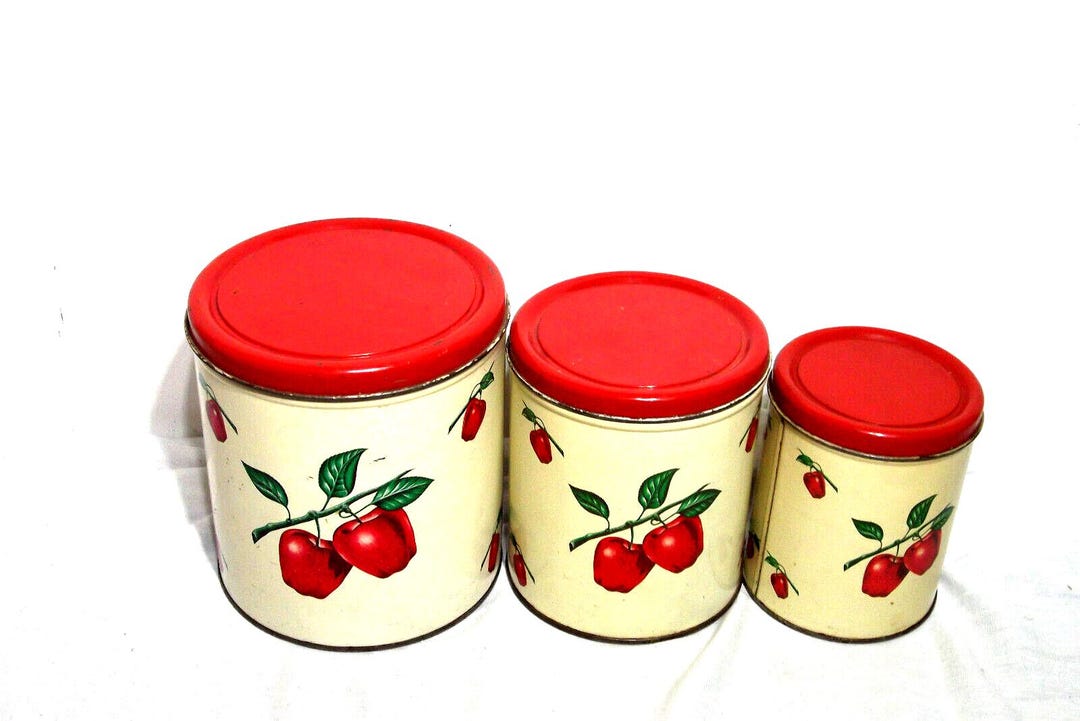 Vintage 50s 3pc Round Red Apple Canisters Storage Decoware - Etsy