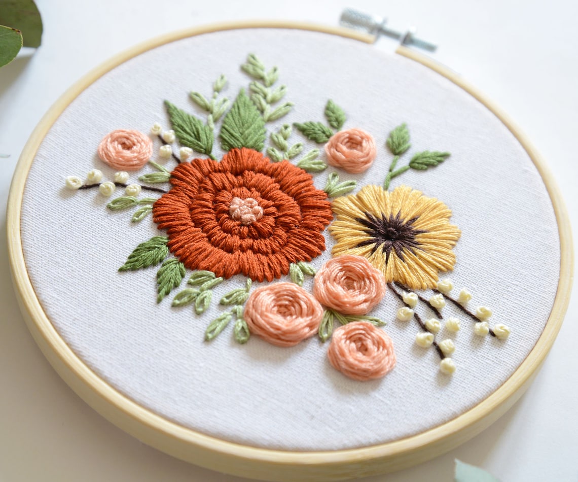 Floral Embroidery PDF Pattern: Beginner Spring Flower Design (6'' Hoop ...