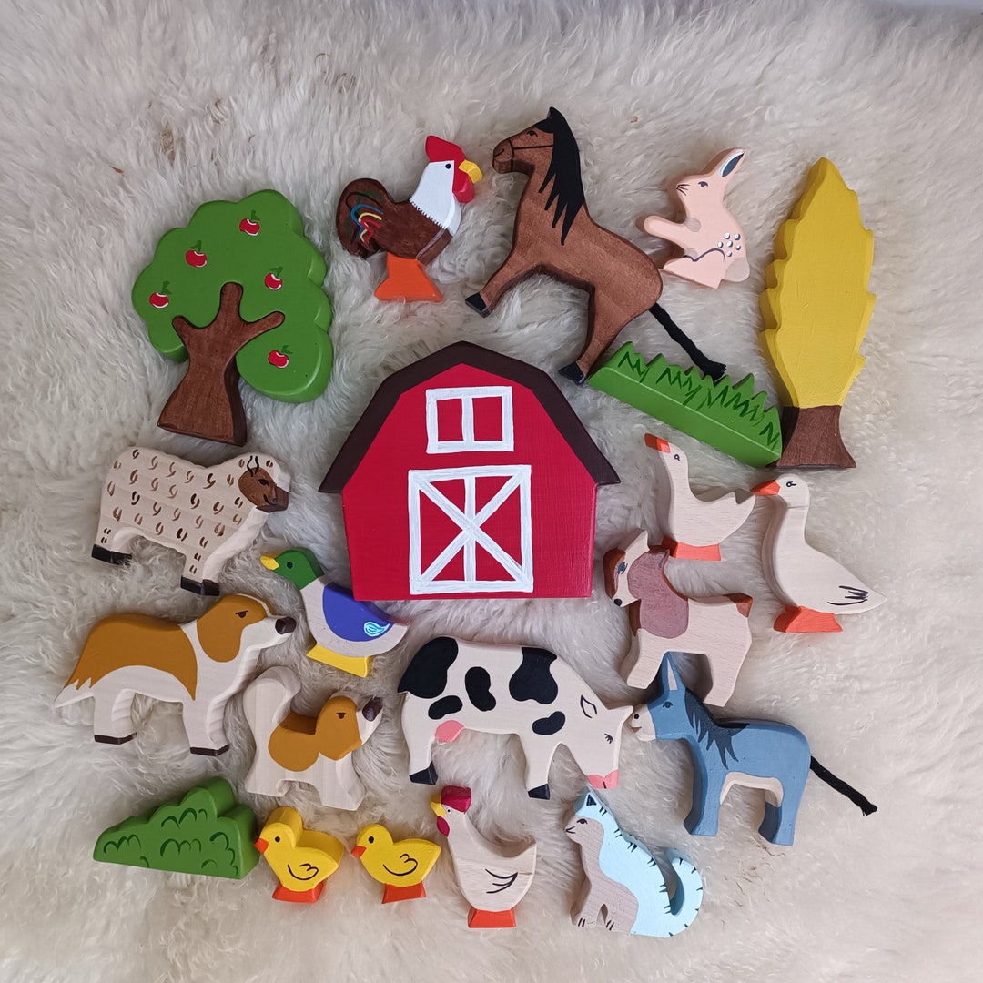 Natural Wooden Farm Animals Figures Set ,handmade Farm Toys Set ...