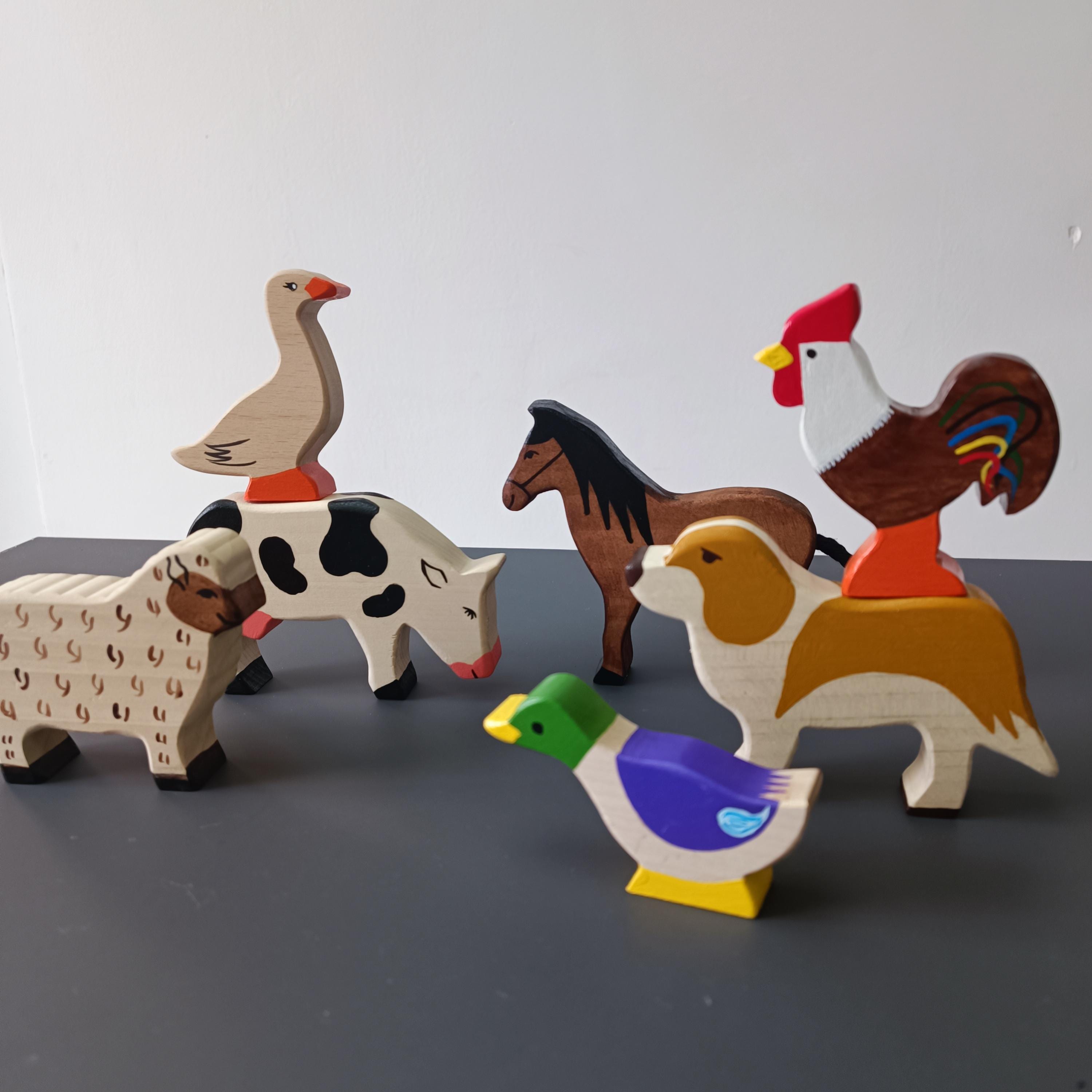 Natural Wooden Farm Animals Figures Set ,handmade Farm Toys Set ...