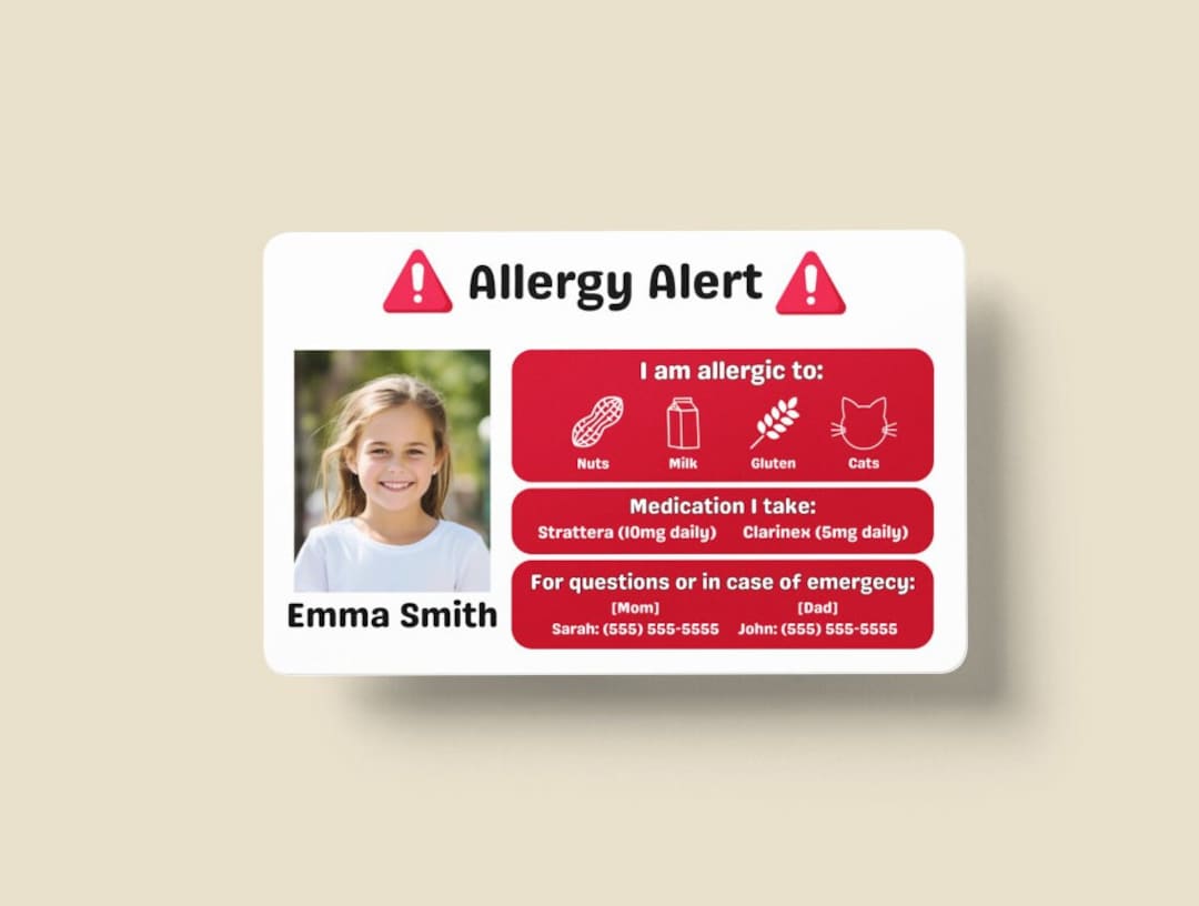 Allergy ID Cards for Kids, Fully Customizable, Children's Safety in ...