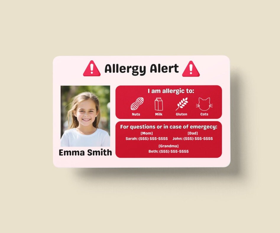 Allergy ID Cards for Kids, Fully Customizable, Children's Safety in ...