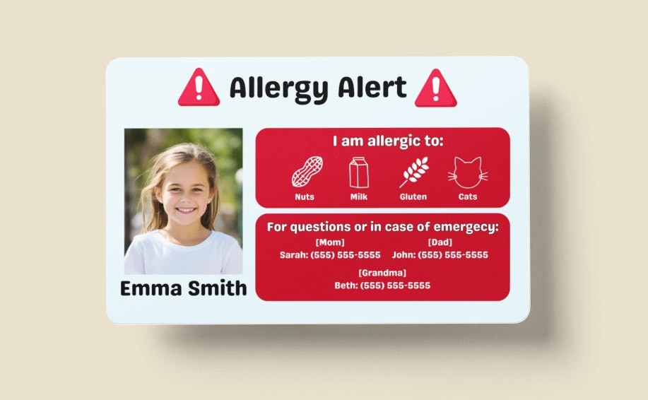 Allergy ID Cards for Kids, Fully Customizable, Children's Safety in ...