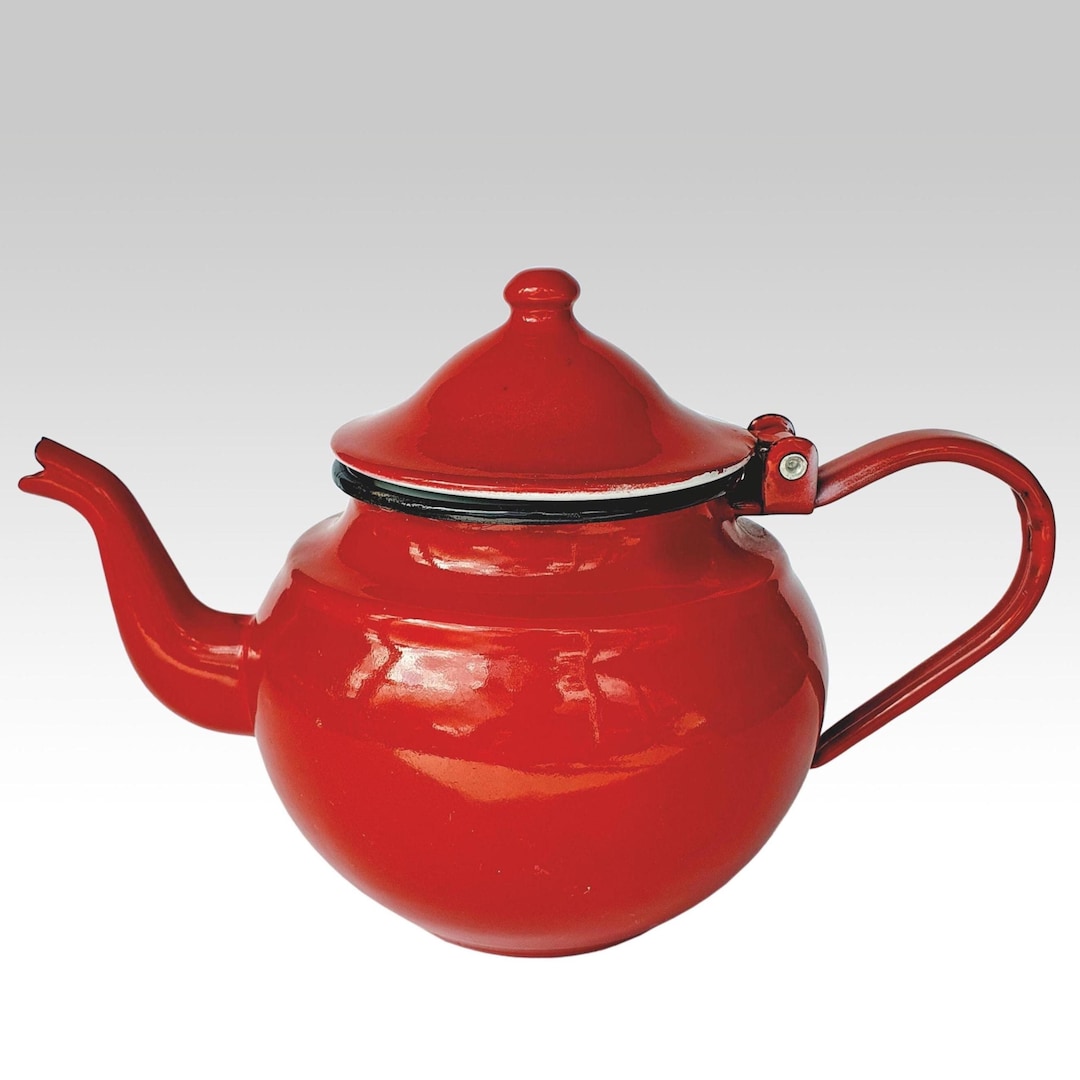 Vintage 1960s Red Enamel 0.7L Teapot With Attached Lid for Rustic ...