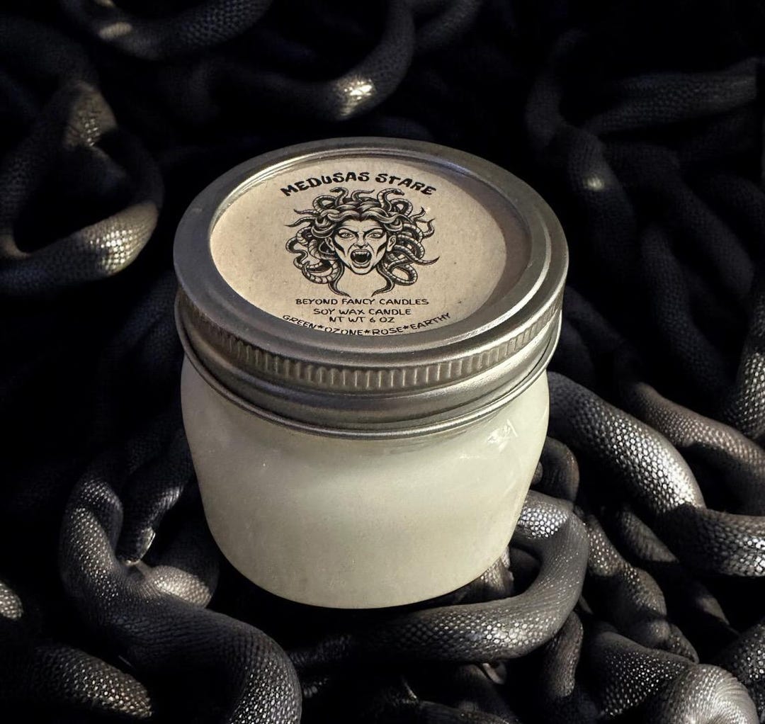 MEDUSAS STARE | Soy Candle | 8 Oz Mason Jar | Rose Earthy Green Ozone ...