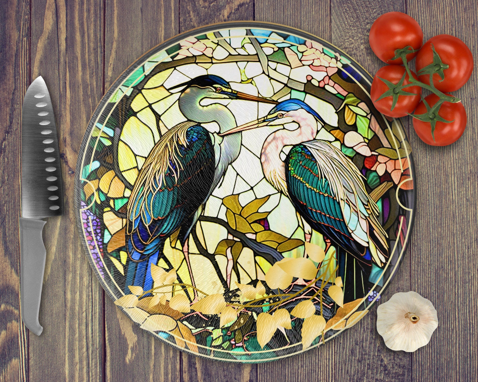 Heron Stained Glass Style Round Cutting Board - Etsy
