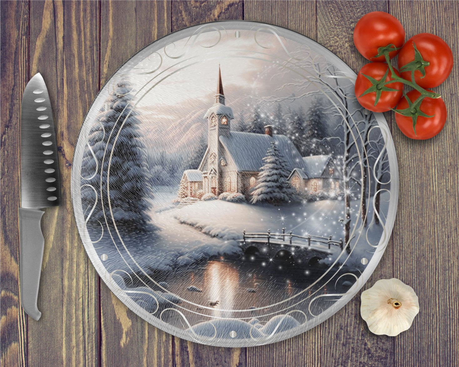 Winter Church Glass Round Cutting Board - Etsy