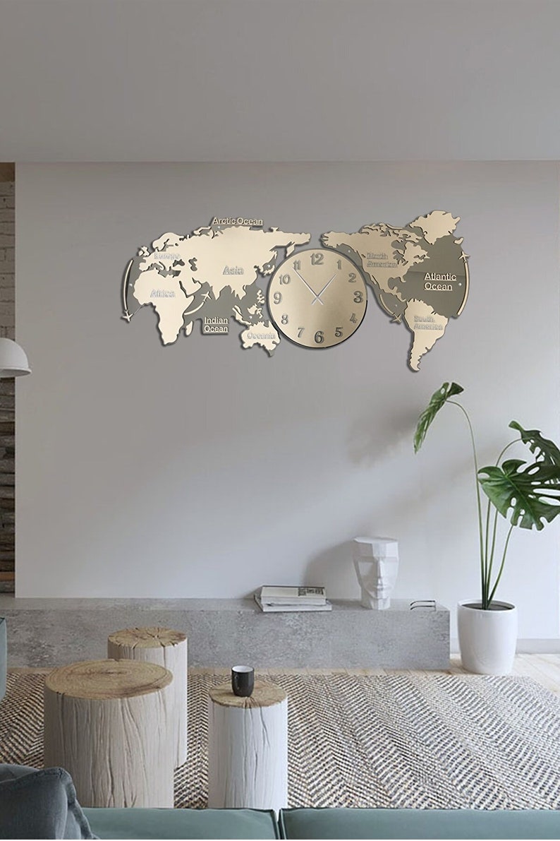 World Map Clock Plexus and Wood World Map Themed Decorative - Etsy
