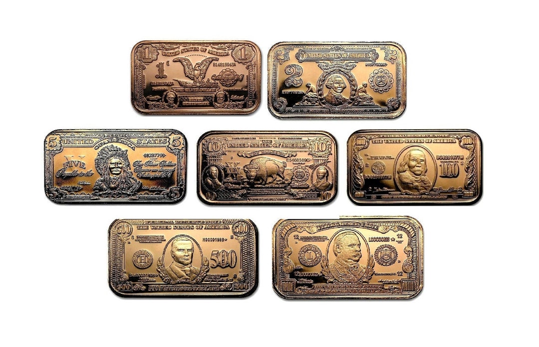 Set of Seven Banknote & Certificates 1oz. Pure Copper Bullion Bars!! - Etsy