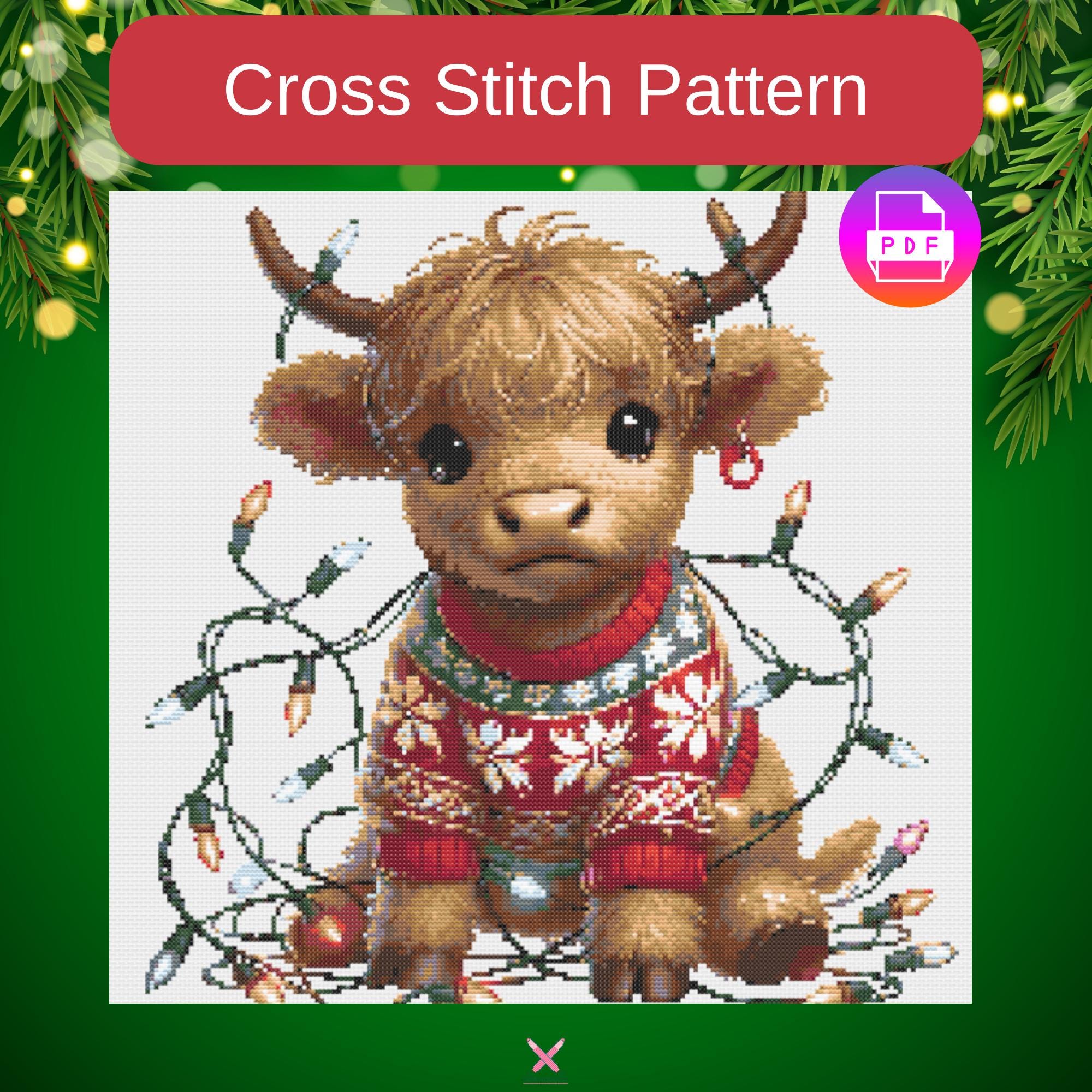 Highland Cow Cross Stitch Pattern, Highland Cow Christmas, Christmas ...