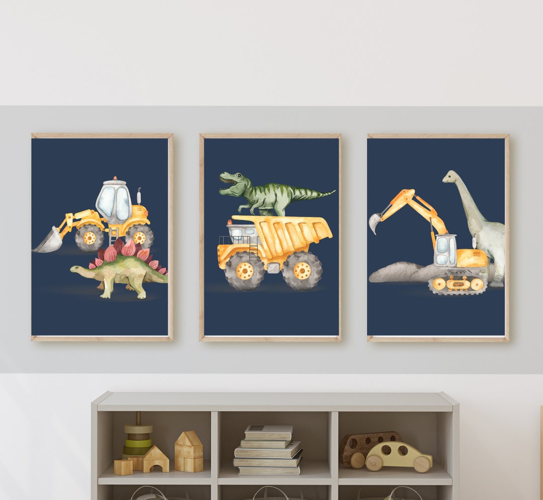 Dinosaurs and Construction Trucks Room Decor, Wall Art, T-rex, Dump ...
