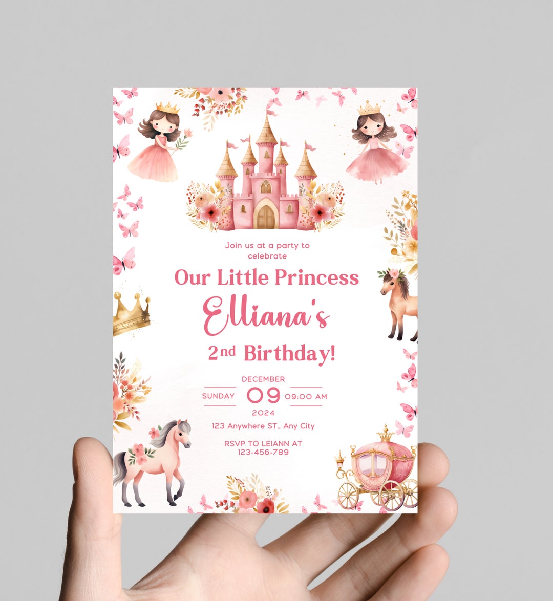 Princess Theme Birthday Invitation, Princess Castle, Carriage, Gold ...